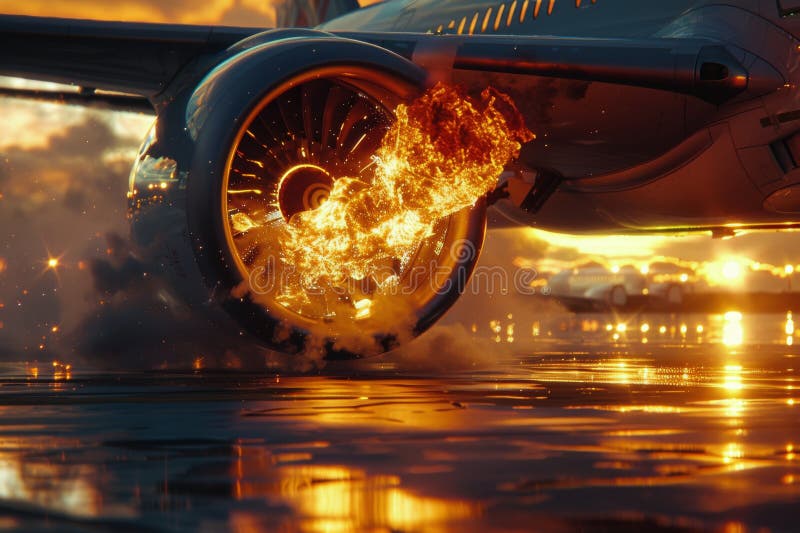 Airplane Engine Fire on Runway during Daylight Hours Stock Image ...
