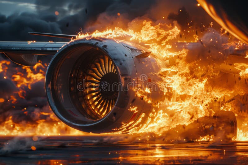 Airplane Engine Fire on Runway during Daylight Hours Stock Image ...