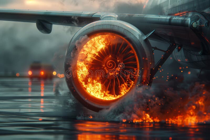 Airplane Engine Fire during Takeoff on Rainy Runway Stock Photo - Image ...