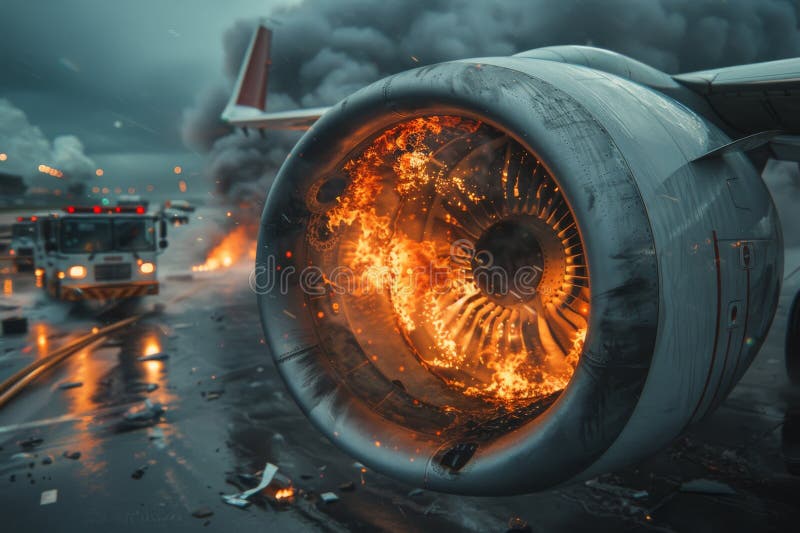 Airplane Engine Fire during Takeoff on Rainy Runway Stock Photo - Image ...