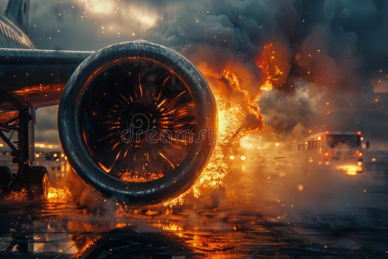 Airplane Engine Fire during Takeoff on Rainy Runway Stock Photo - Image ...