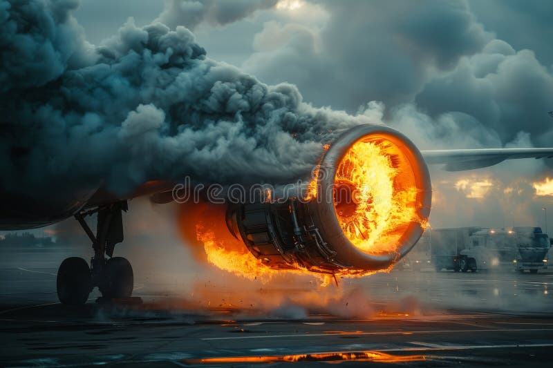 Airplane Engine Fire during Takeoff on Rainy Runway Stock Image - Image ...