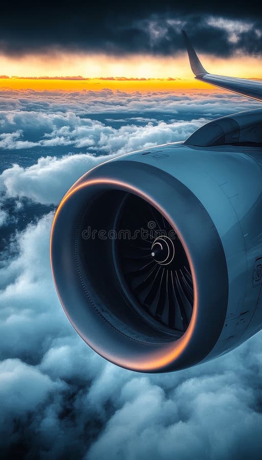 Airplane Engine Soaring High, Golden Sunset Illuminating Majestic ...