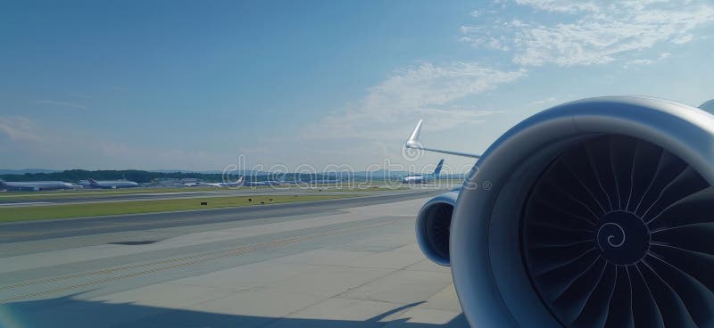 Airplane Engine View on Runway, Aircraft in Background, Clear Sky, Copy ...