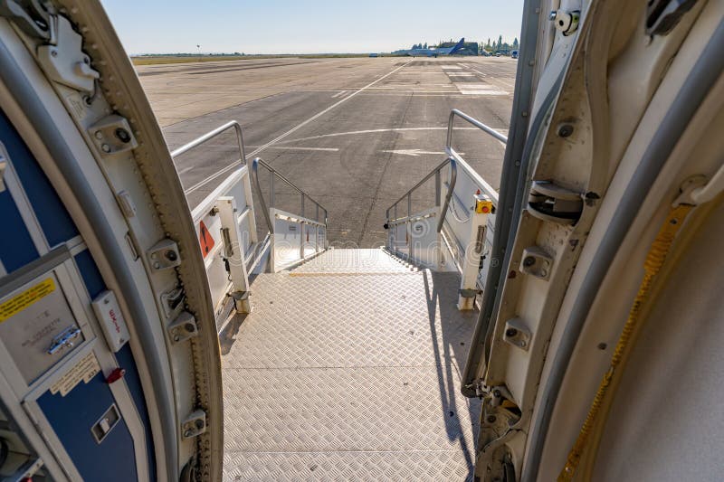 Airplane Exit Stairs and the Clear Runway Stock Photo - Image of open ...