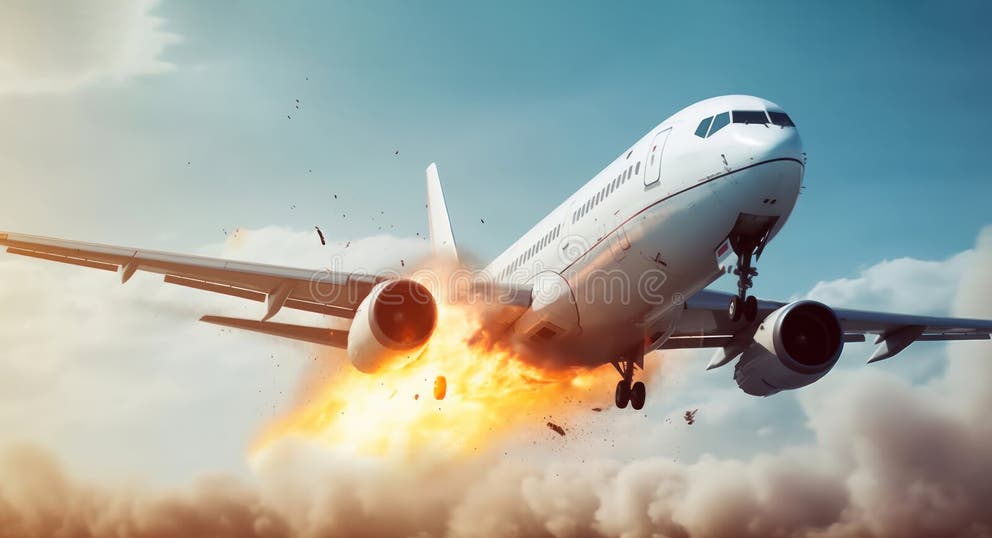 Airplane Explosion with Engine on Fire Stock Photo - Image of land ...