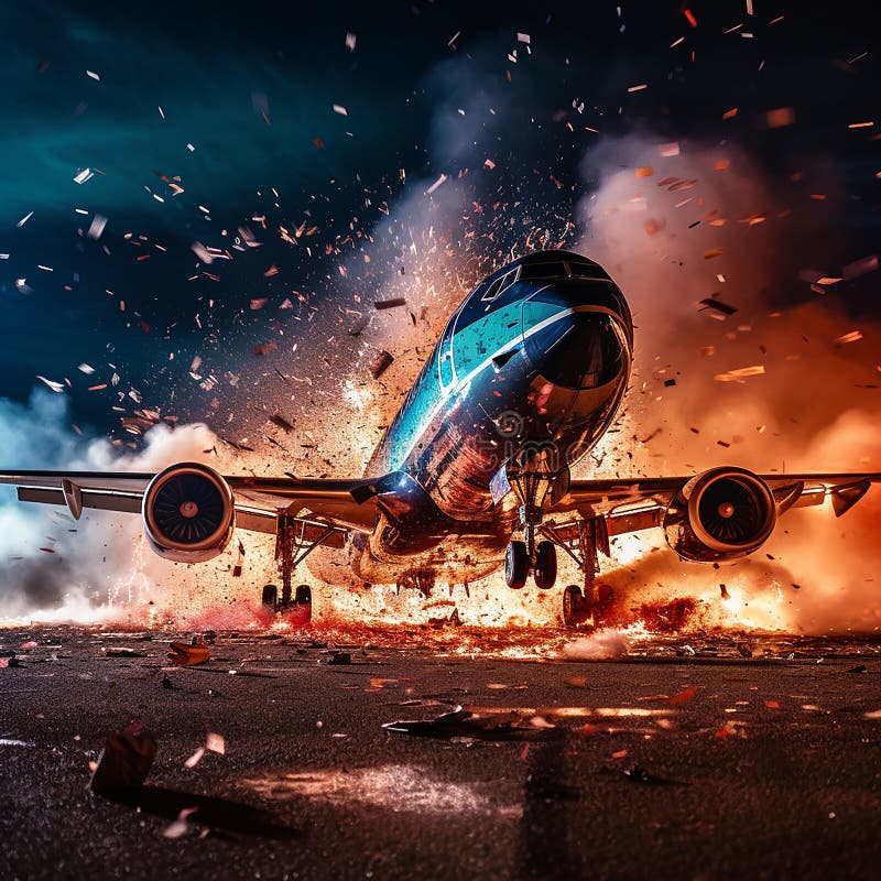 Airplane Taking Off with an Explosion Behind it at Night. Stock ...