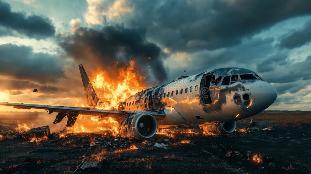 Airplane on Fire after Crash in Dramatic Sky Stock Illustration ...