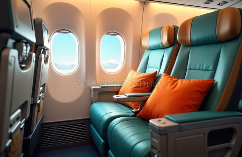 Airplane First Class Cabin Interior Shows Comfortable Empty Seats with ...