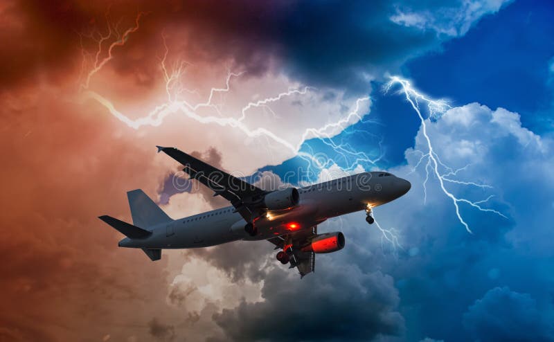 An Airplane Flies in Bad Weather and Storm with Lightning Bolt Stock ...