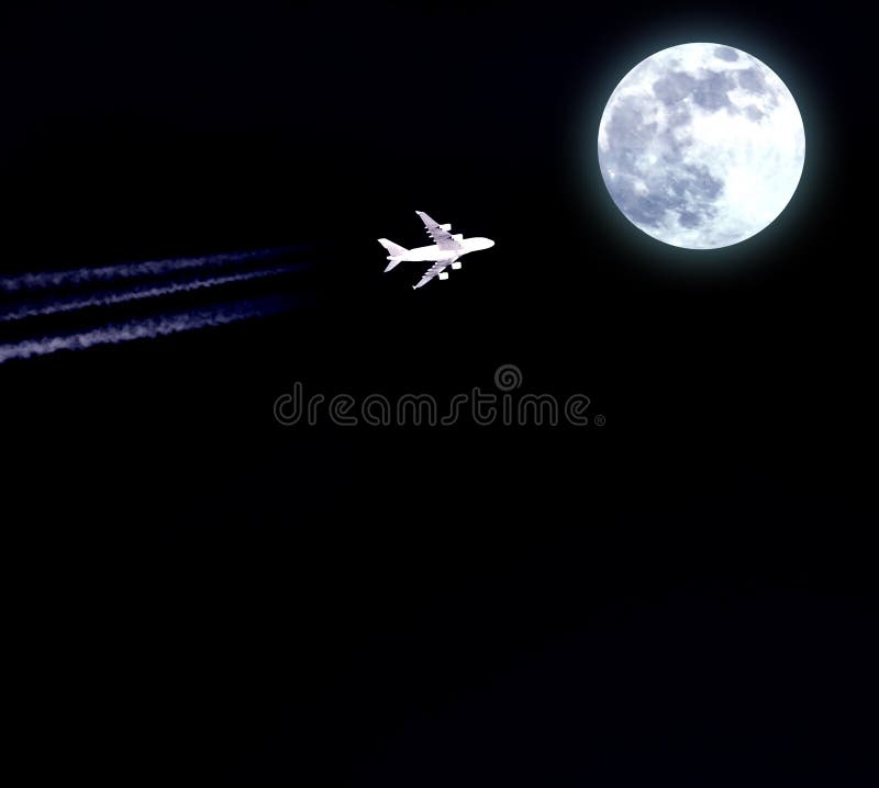 Airplane Flies in Direction Moon at Night Stock Photo - Image of vapor ...