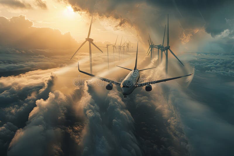 Airplane Navigates through Wind Turbines in a Dramatic Sunset ...