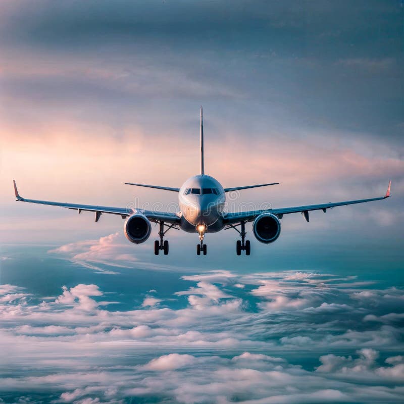 Airplane Flies among Fluffy Pink Clouds. Generative AI Stock ...