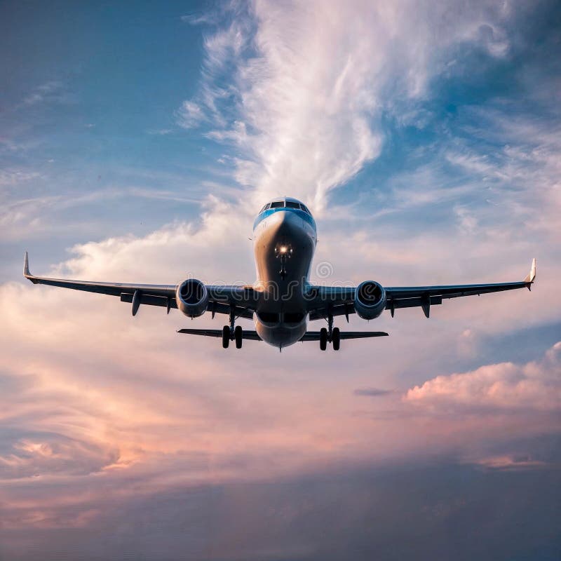 Airplane Flies among Fluffy Pink Clouds. Generative AI Stock ...