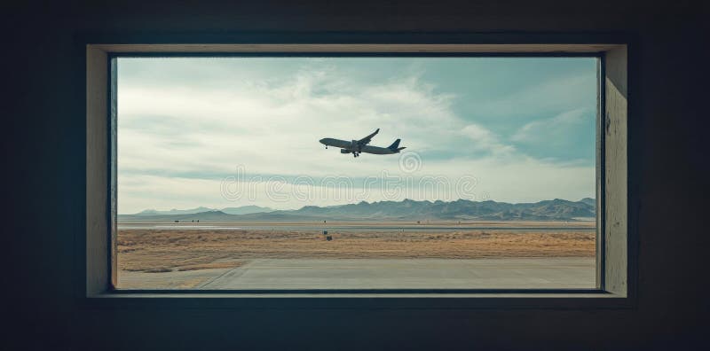 Airplane Flies in a Frame, a View through Window. Landscape Airport ...