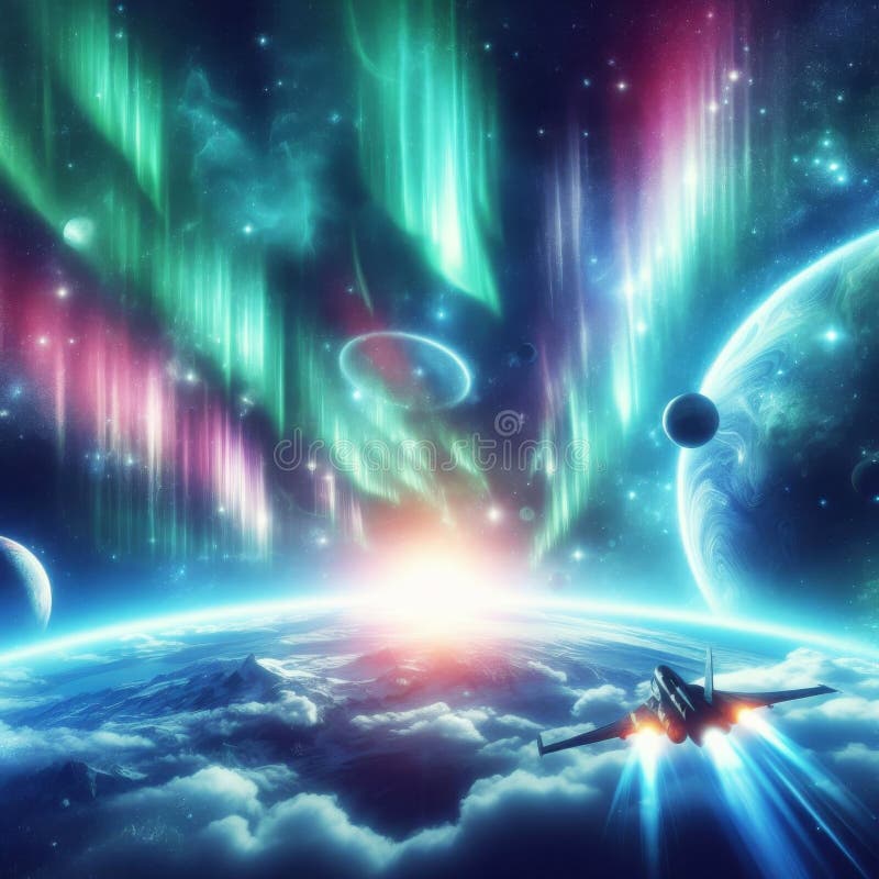 Airplane Flies Over the Planet in Outer Space through the Aurora. Stock ...