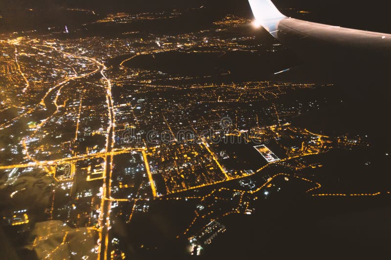 Airplane Flies Over Tbilisi at Night Stock Photo - Image of flight ...