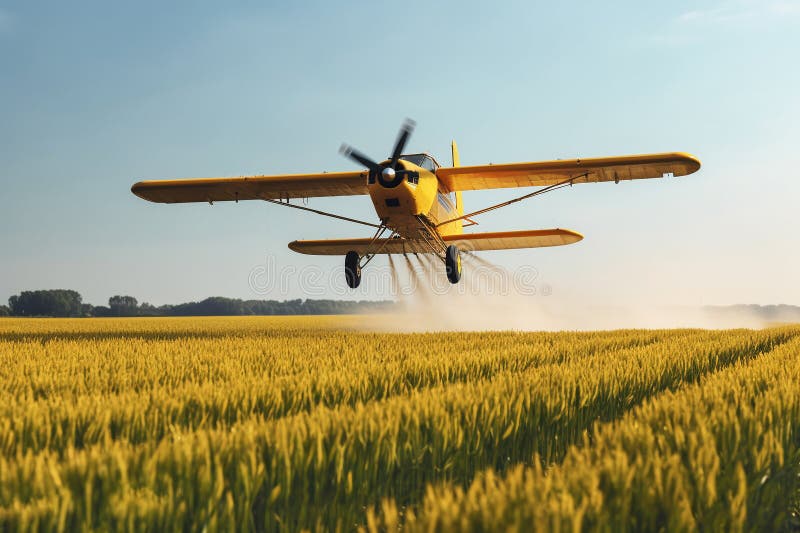 An Airplane Flies Over a Wheat Field and Sprays Liquid from Pests. Ai ...