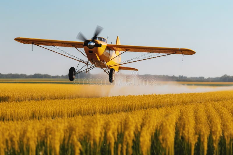An Airplane Flies Over a Wheat Field and Sprays Liquid from Pests. Ai ...
