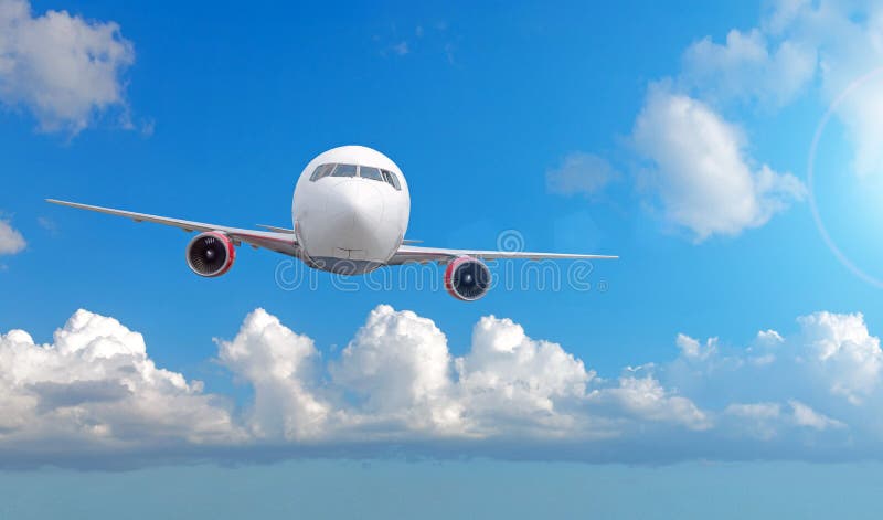 Airplane Flies from Summer Sky Cumulus Clouds Stock Image - Image of ...