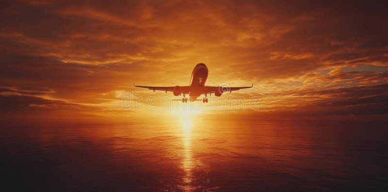 Airplane Flies into the Sunset Sky with a Dreamy Flight Concept Theme ...