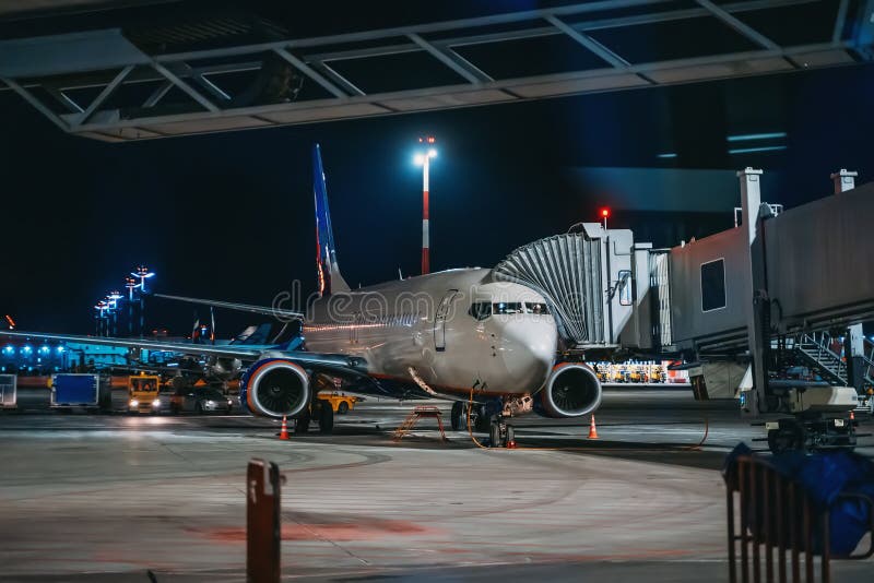 Airplane before Flight in Airport at Night, Sky Transportation Stock ...