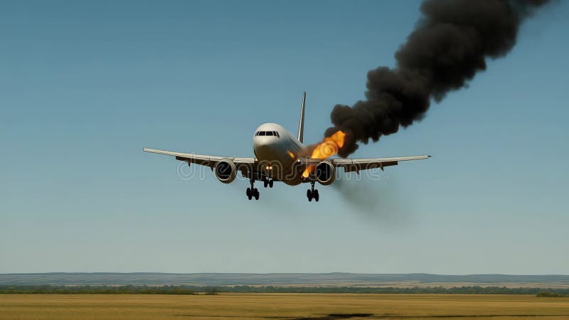 Airplane in Flight with Engine Fire Over Open Landscape Dramatic Scene ...