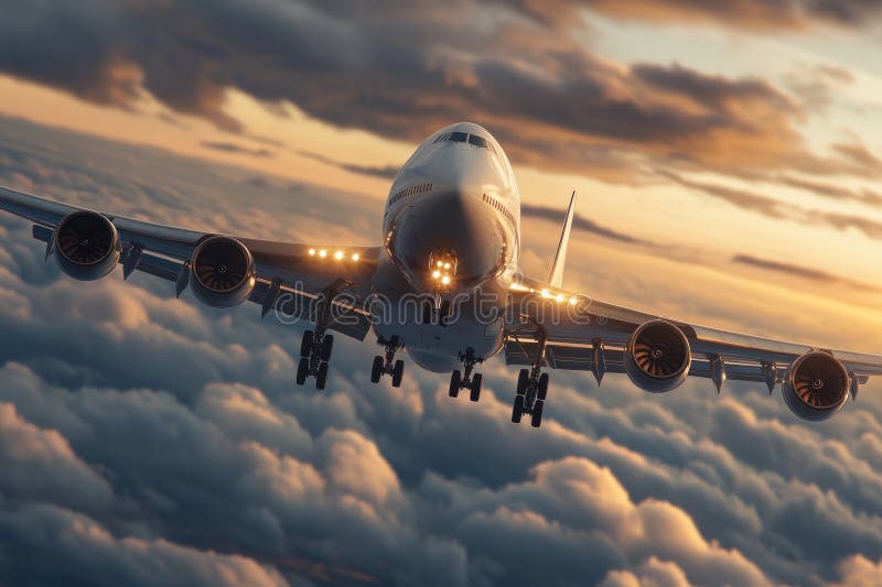 Airplane in Flight, Engines at Full Throttle, Aerodynamic Wings ...