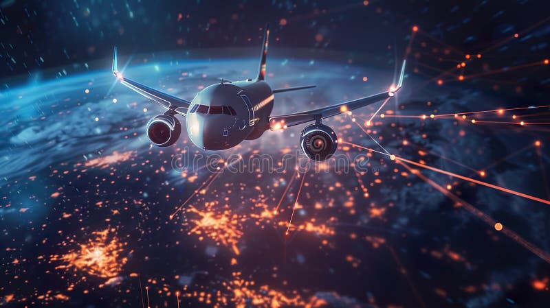 Airplane in Flight with Global Network Connections Stock Image - Image ...