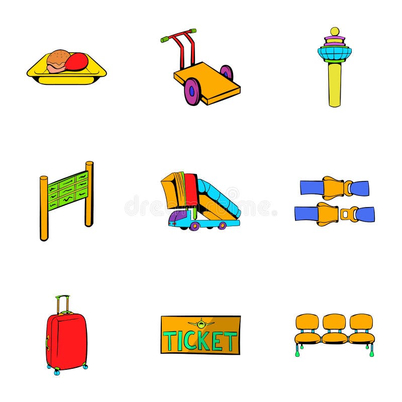 Airplane Flight Icons Set, Cartoon Style Stock Vector - Illustration of ...