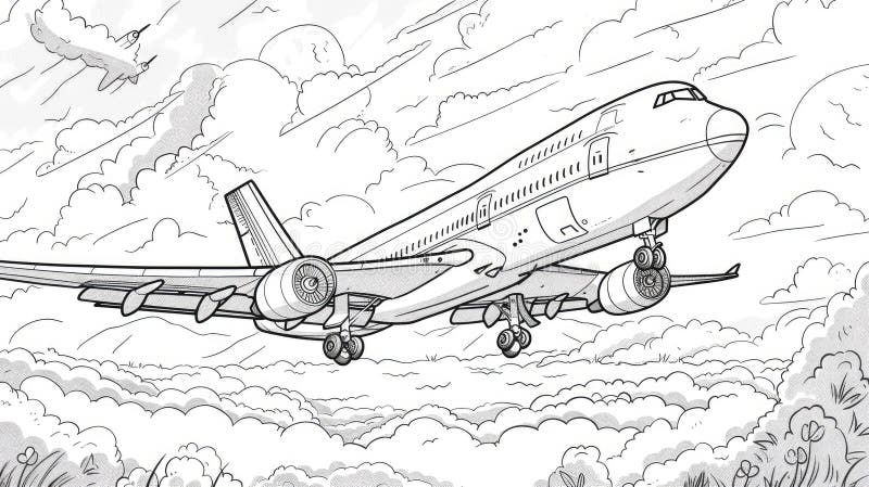 Airplane in Flight with a Landscape, Outlined for Coloring. Coloring ...