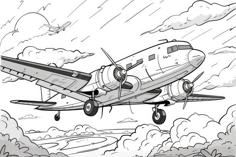 Airplane in Flight with a Landscape, Outlined for Coloring. Coloring ...