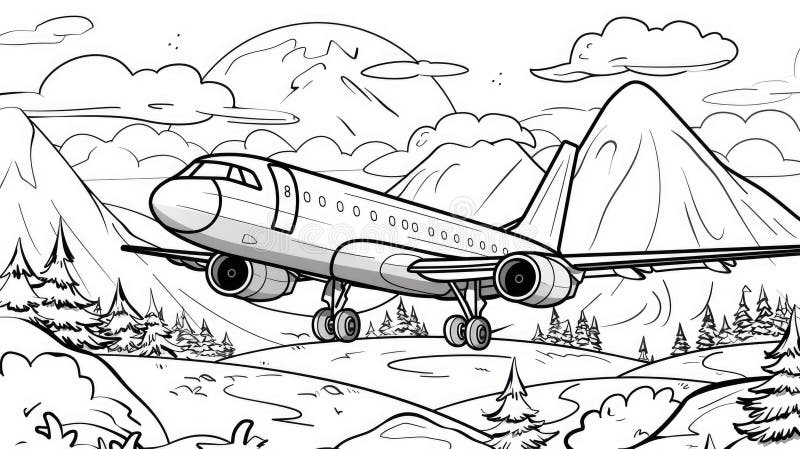 Airplane in Flight with a Landscape, Outlined for Coloring. Coloring ...