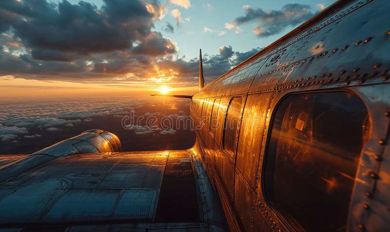 Airplane Flight in the Rays of the Rising Sun. Stock Image - Image of ...