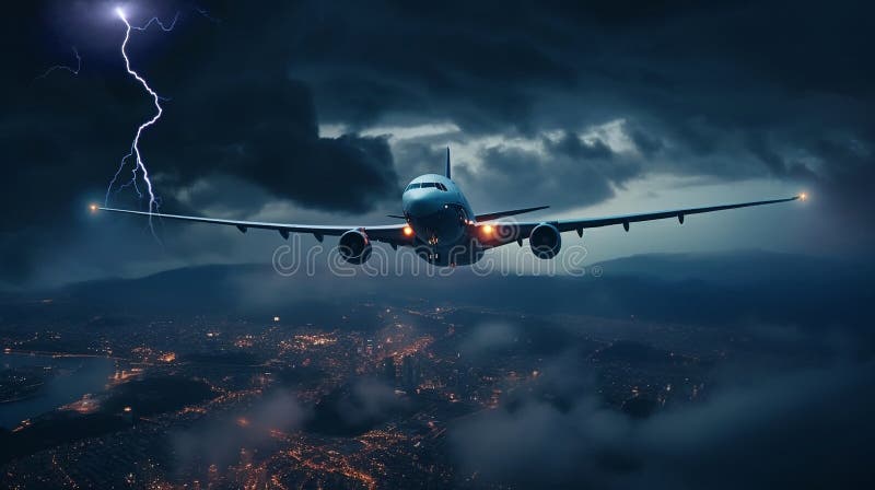 Airplane Fly at Night Cloudy Sky with Lightning,below City Blurred ...
