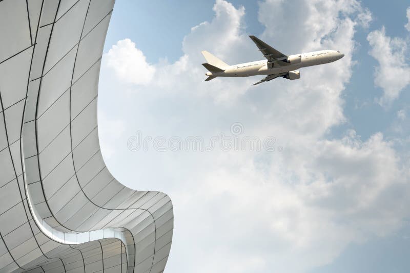 Airplane Fly in Sky with Edge of Modern Building and Empty Cloudy Sky ...
