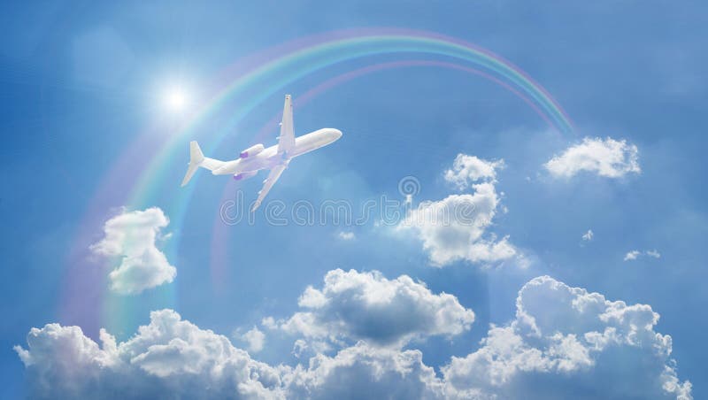 Airplane Flying Over Rainbow Stock Photo - Image of flying, cloudscape ...