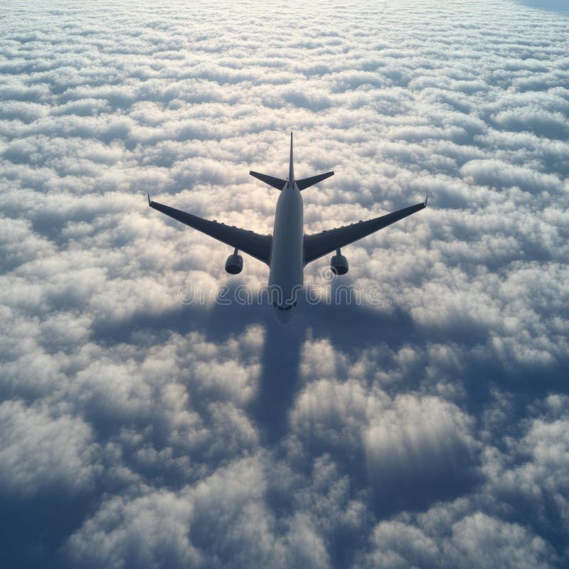 Airplane Flying Above Clouds at Sunrise with Dramatic Shadows Stock ...