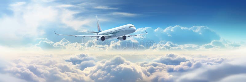 Airplane Flying Above Clouds at Sunset. Banner 3:1 Stock Illustration ...