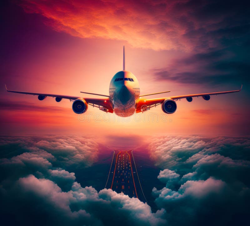 An Airplane Flying Above the Clouds at Sunset. Generative AI Stock ...