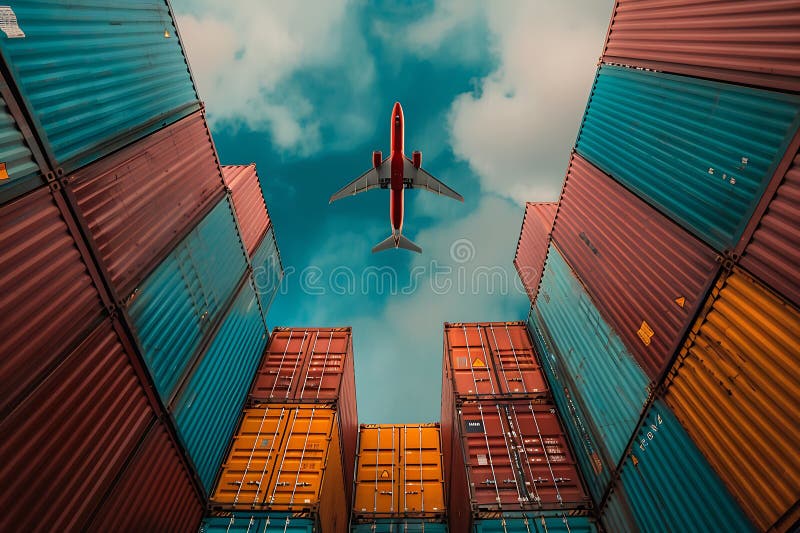 Airplane Flying Above Container Depo. Container Ship for Import and ...