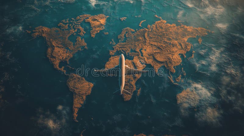 An Airplane Flying Above a Detailed World Map Stock Illustration ...