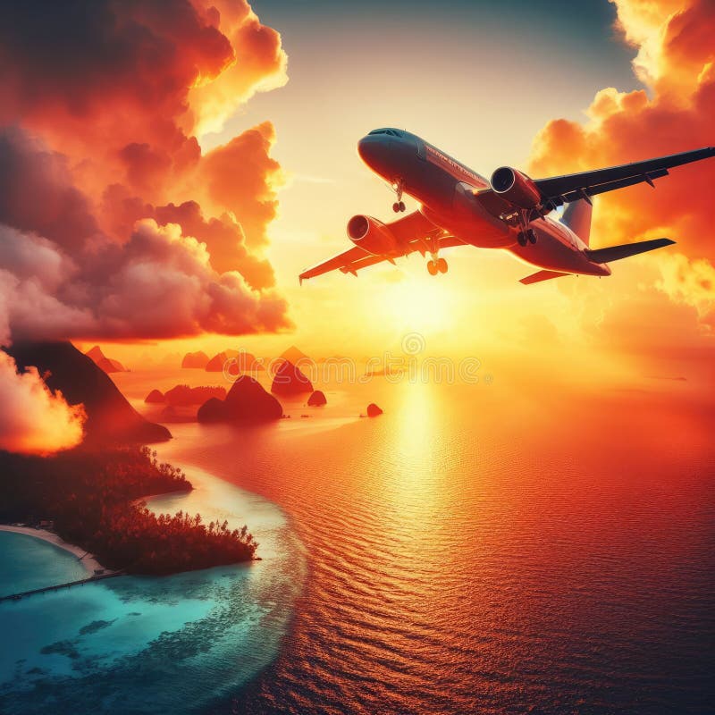 Airplane Flying Above Tropical Sea at Sunset Stock Illustration ...