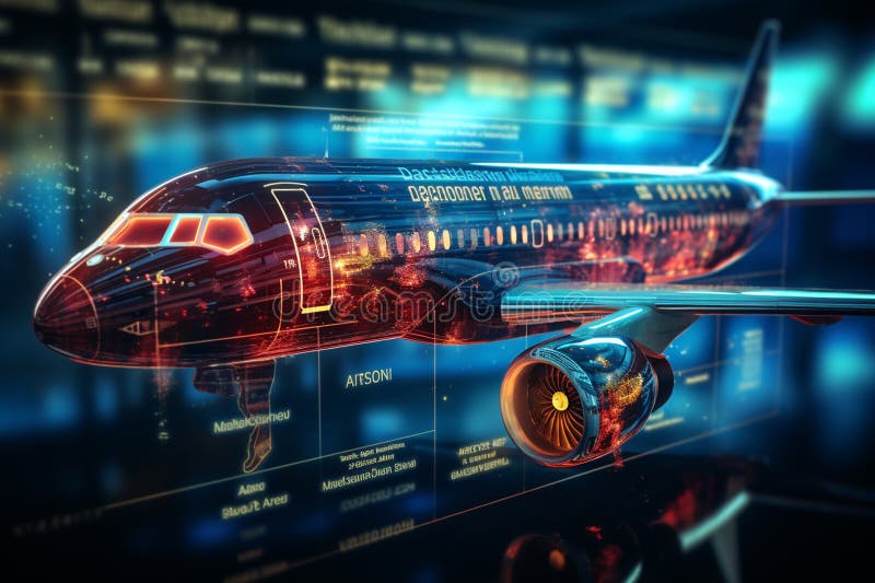 Airplane Flying in Blue Sky and Binary Code Interface. 3D Rendering ...