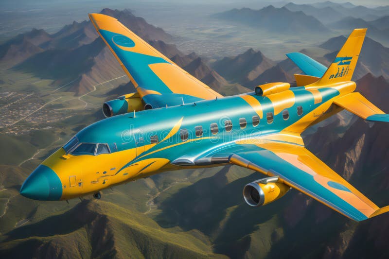 Airplane Flying in the Blue and Yellow Colors. Generative Ai Stock ...