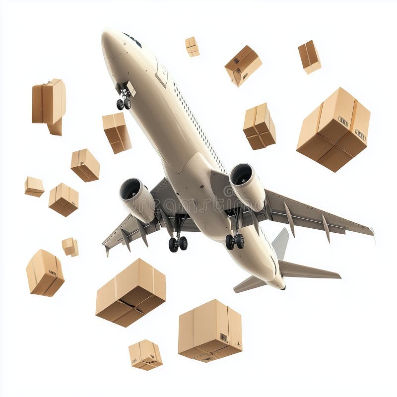 Airplane with Flying Cardboard Boxes Stock Illustration - Illustration ...