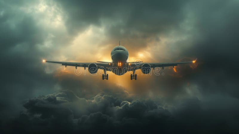 An Airplane Flying through Dark Storm Clouds with Lightning Strikes ...