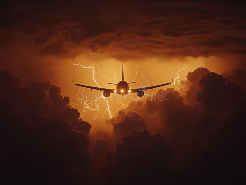 Airplane Navigating Thunderstorm Lightning Dramatic Sky Stock Photos ...