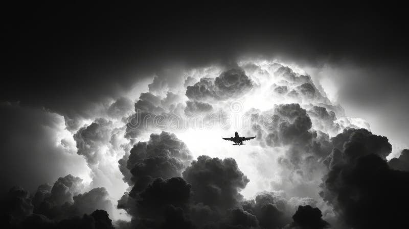 Airplane Flying through Dramatic Storm Clouds Stock Illustration ...