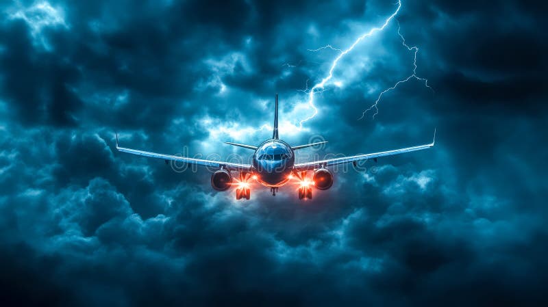 Airplane Flying through Dramatic Storm Clouds and Lightning Stock Image ...